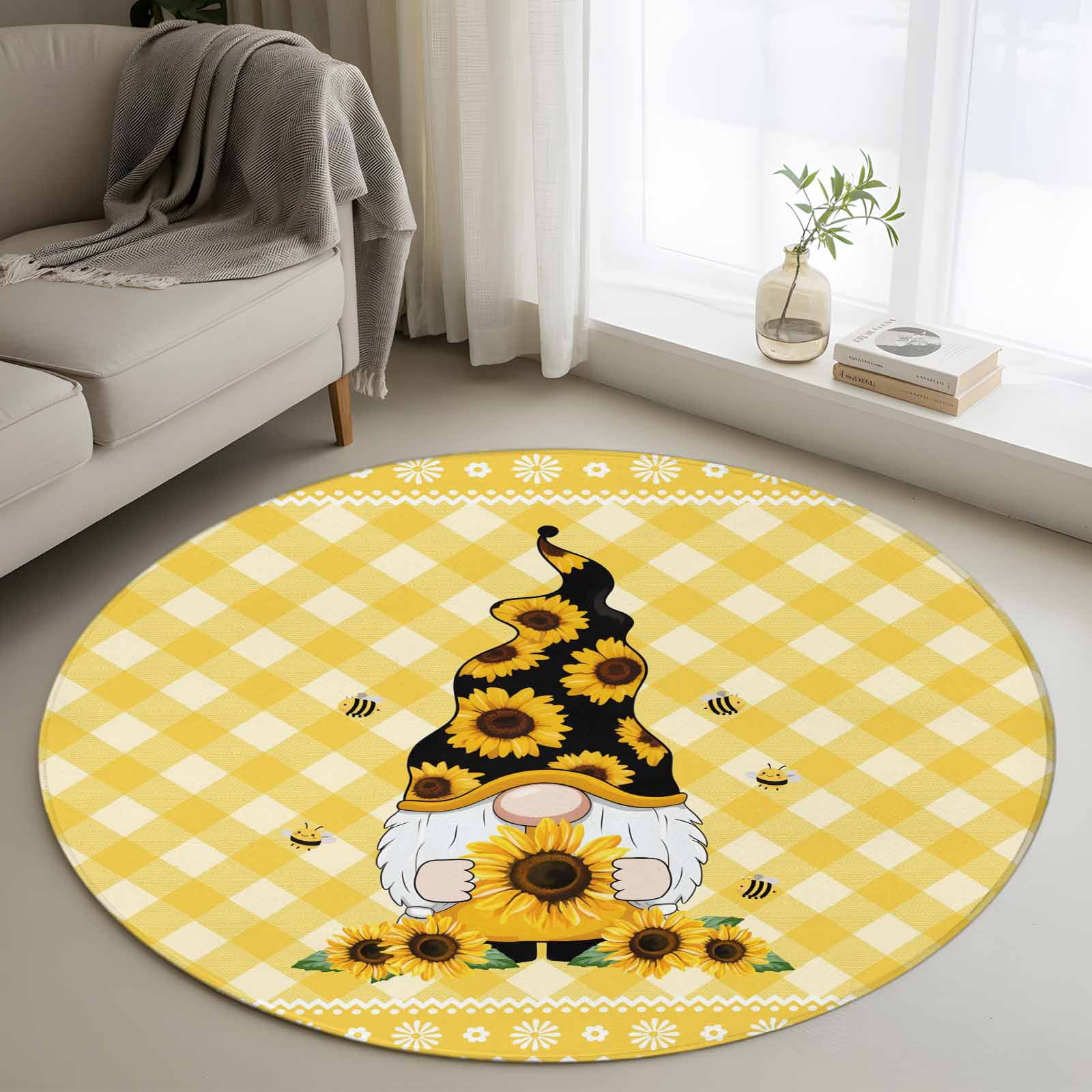 Area Rug 36in, Country Sunflower Dwarf and Bee Floor Carpet Living Room ...