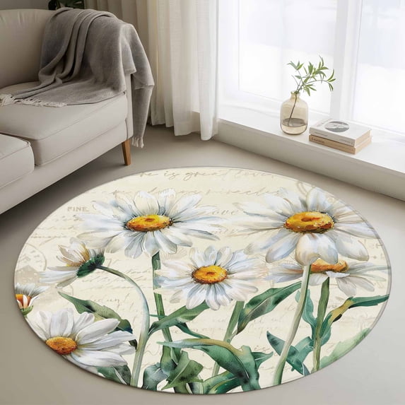Area Rug 36in, Daisy Flower Green Leaf Plant Floor Carpet Living Room ...