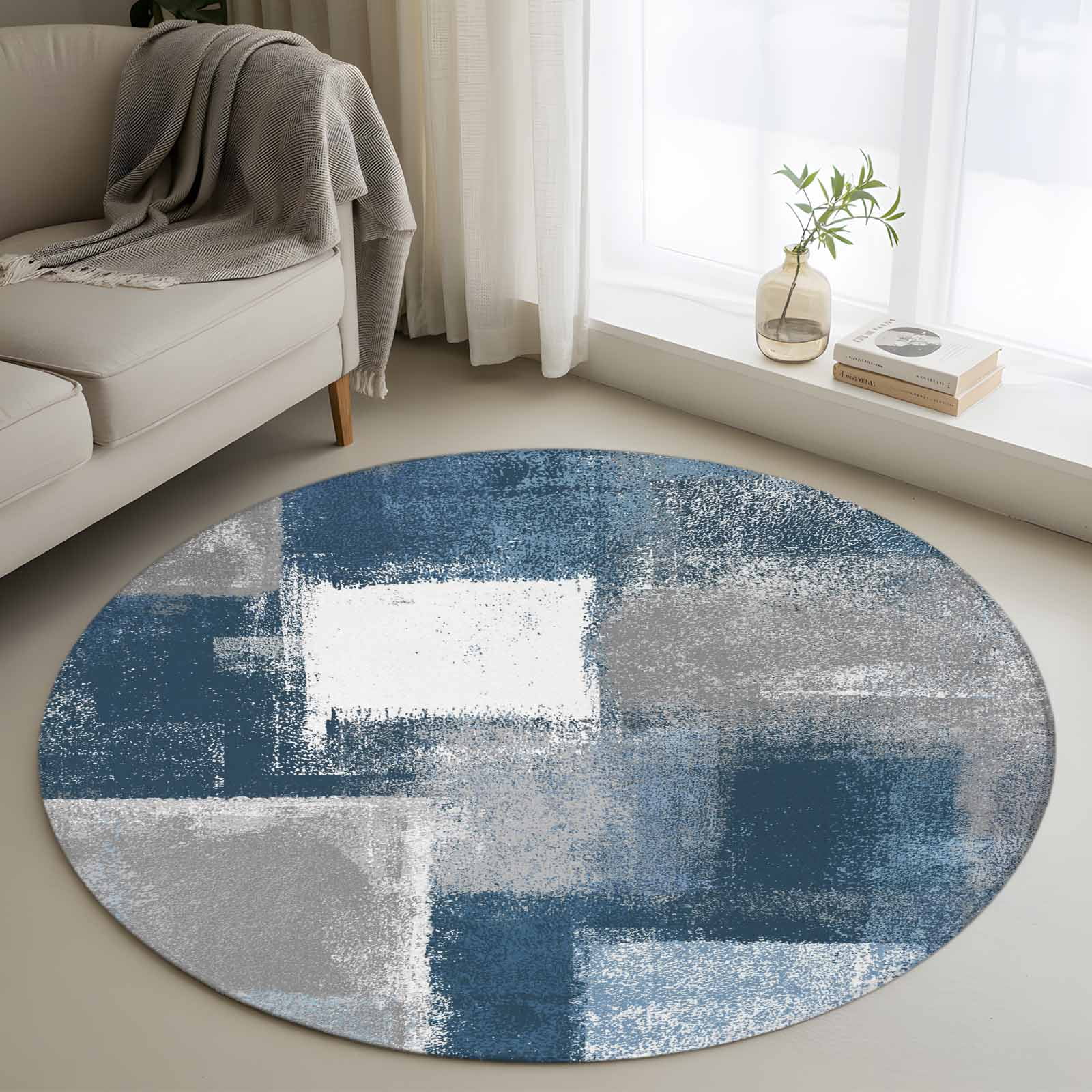 Area Rug 36in, Dark Blue Gray Color Block Floor Carpet Living Room Rug ...
