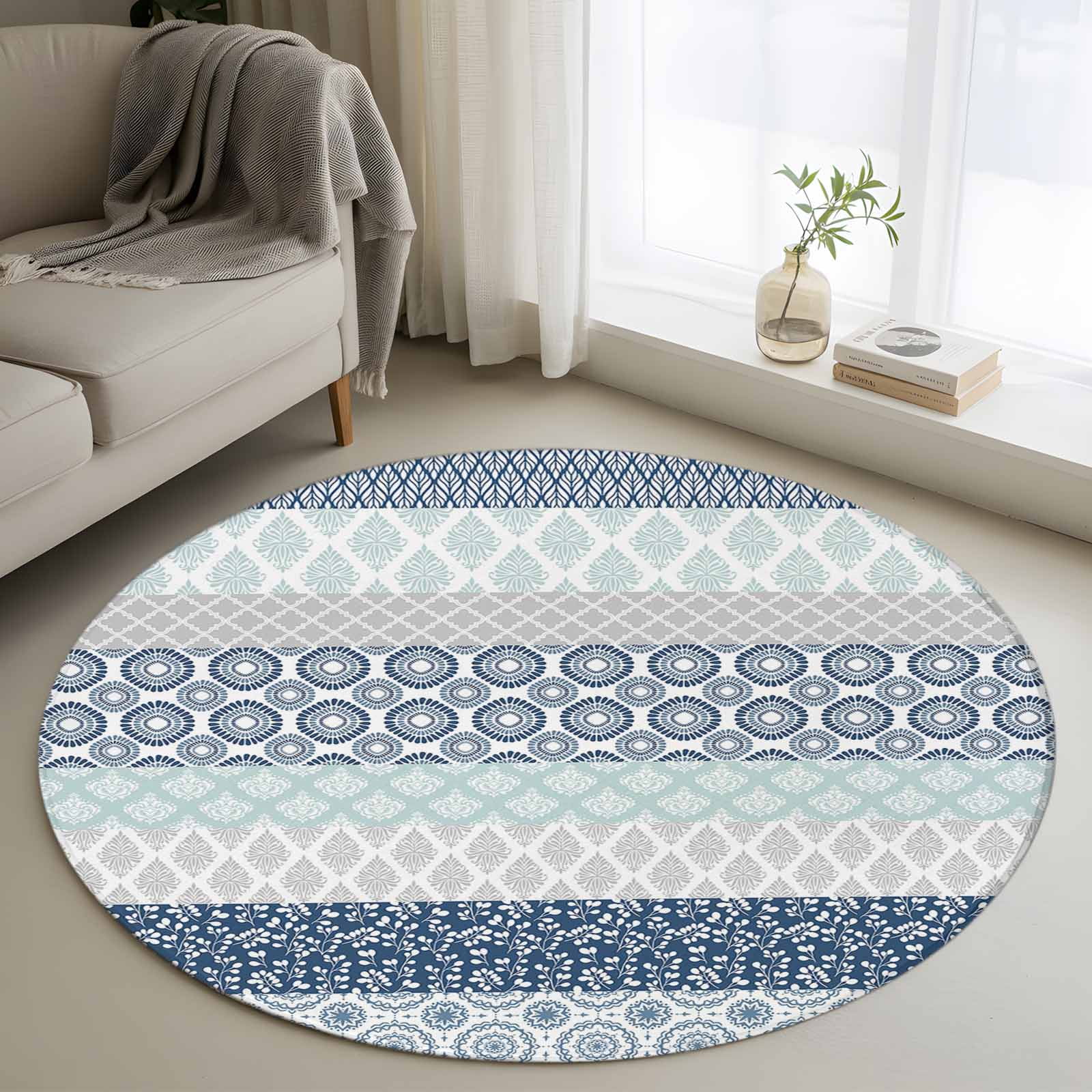 Area Rug 36in, Ethnic Blue Stripes Abstract Geometric Floor Carpet ...