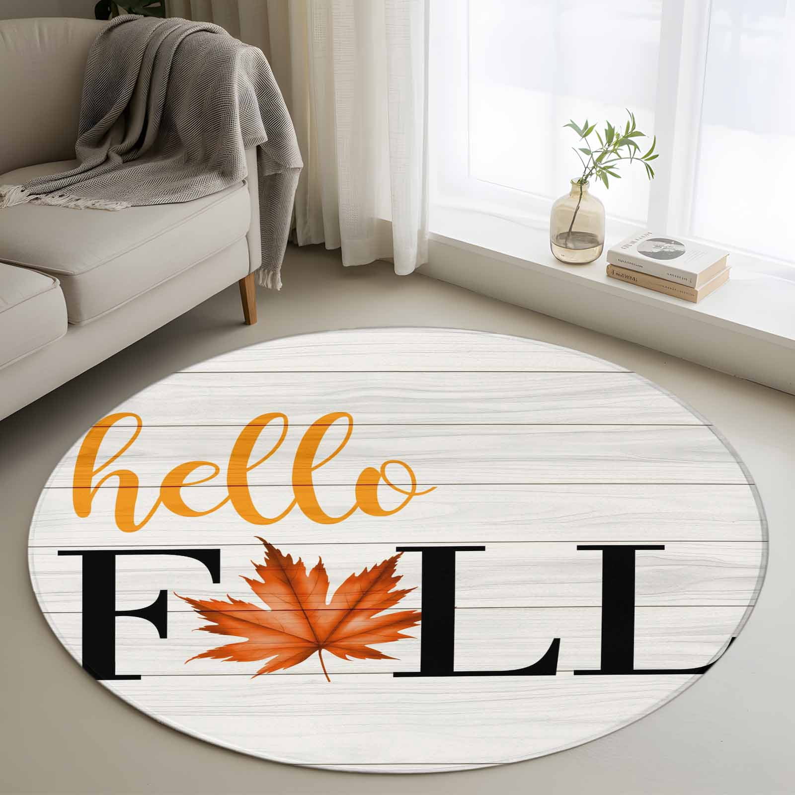 Area Rug 36in, Fall Orange Maple Leaf Farm Retro Wood Grain Floor ...