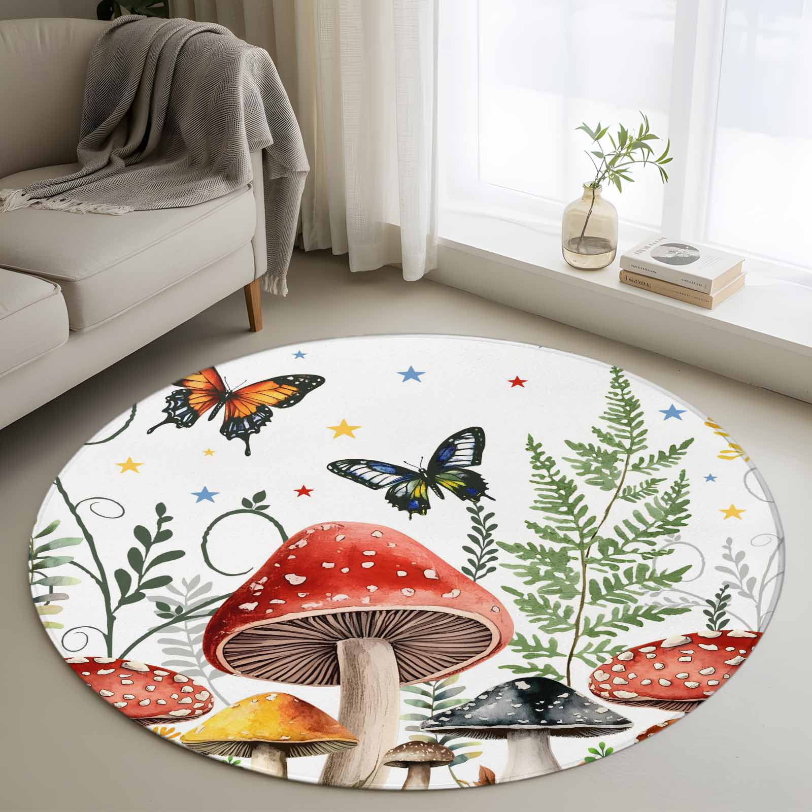 Area Rug 36in, Farm Mushroom Butterfly Stars Floor Carpet Living Room ...