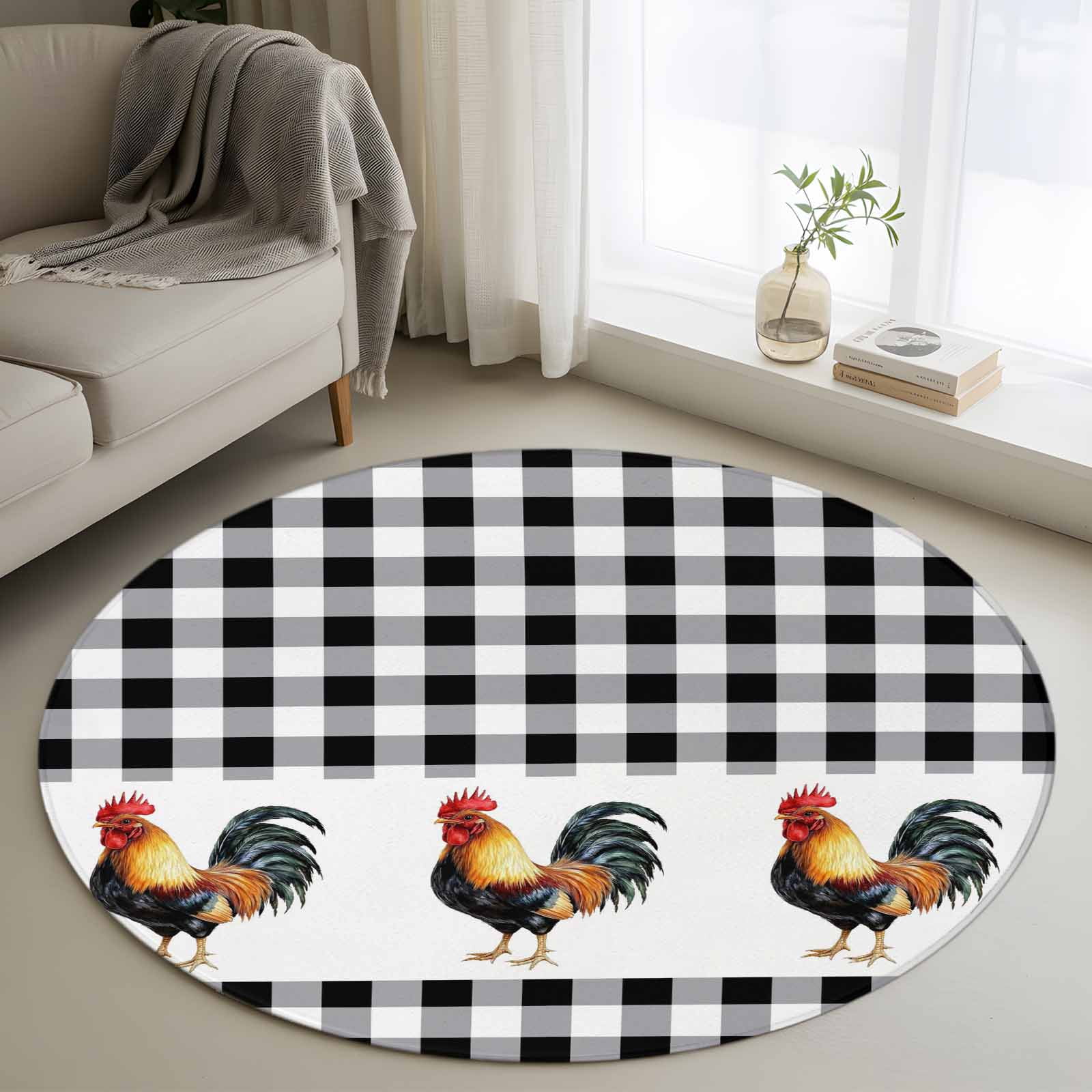 Area Rug 36in, Farm Rooster Black Buffalo Plaid Floor Carpet Living ...