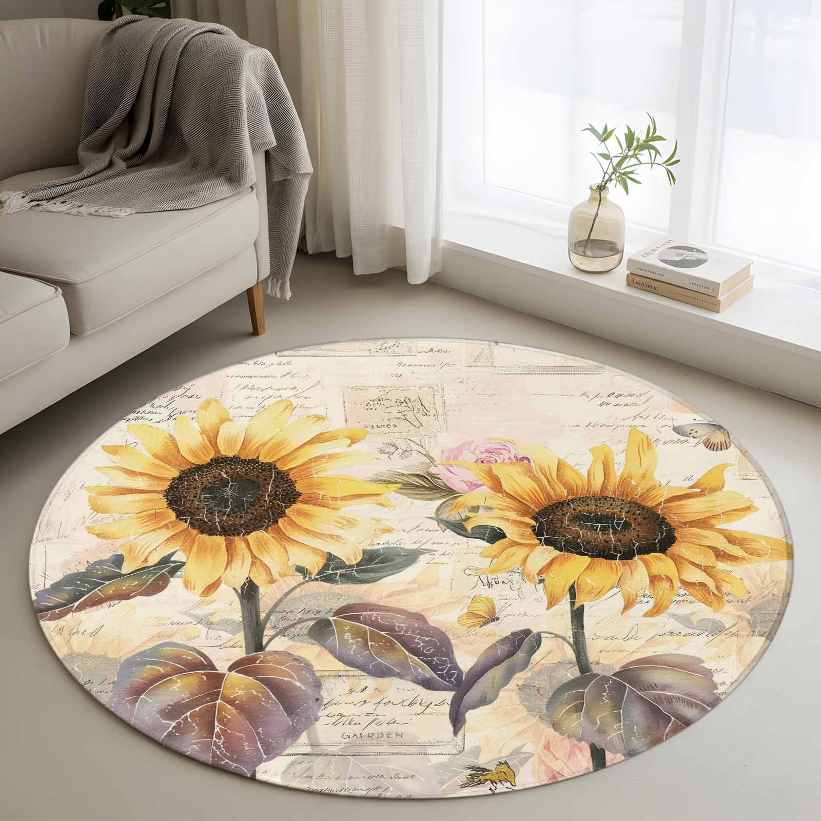 Area Rug 36in, Farm Sunflower Retro Plant Floor Carpet Living Room Rug ...