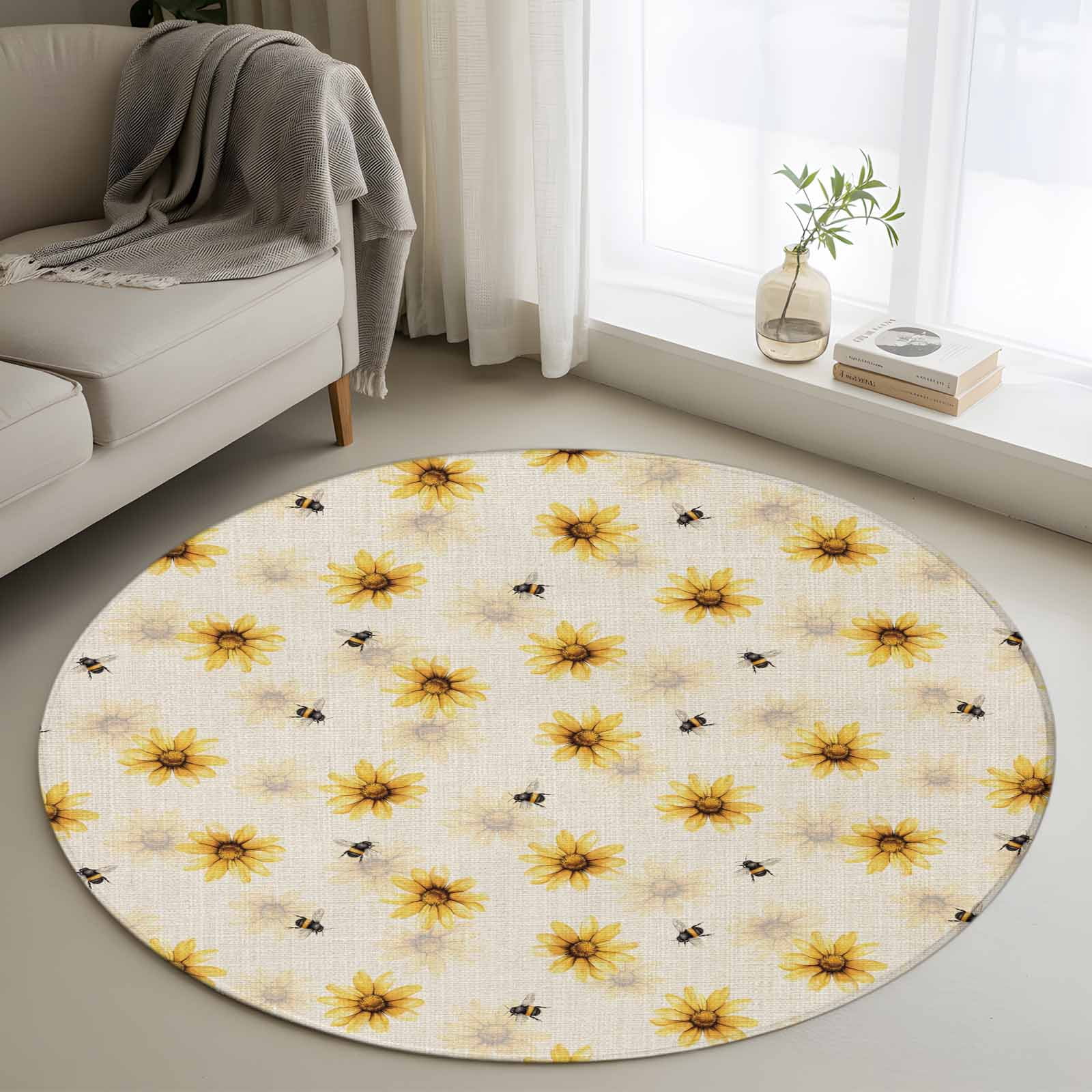 Area Rug 36in, Farmhouse Daisy Flower Bee Floor Carpet Living Room Rug ...