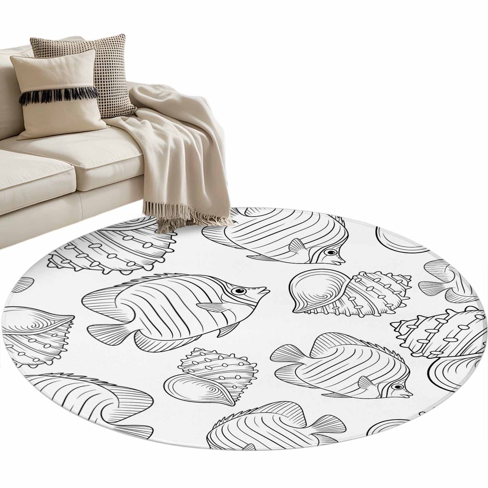 Area Rug 36in, Line Sketches Fish Sea Nut Floor Carpet Living Room Rug ...