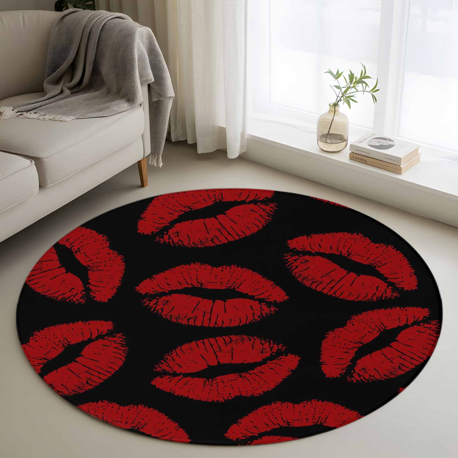 Area Rug 36in, Lipprint Kisses Red and Black Floor Carpet Living Room ...