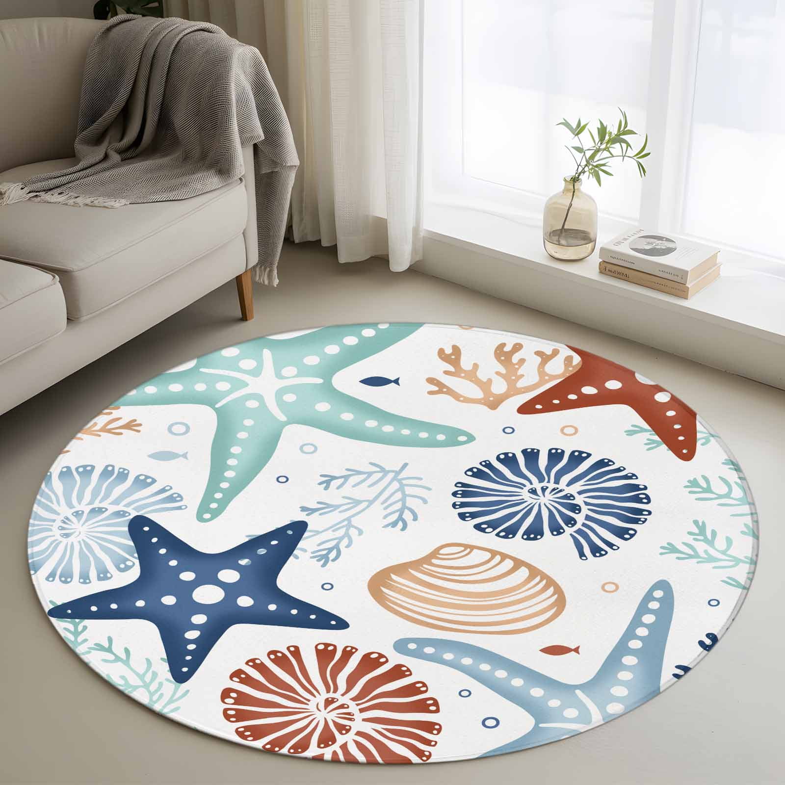 Area Rug 36in, Marine Starfish Shell Coral on White Floor Carpet Living ...