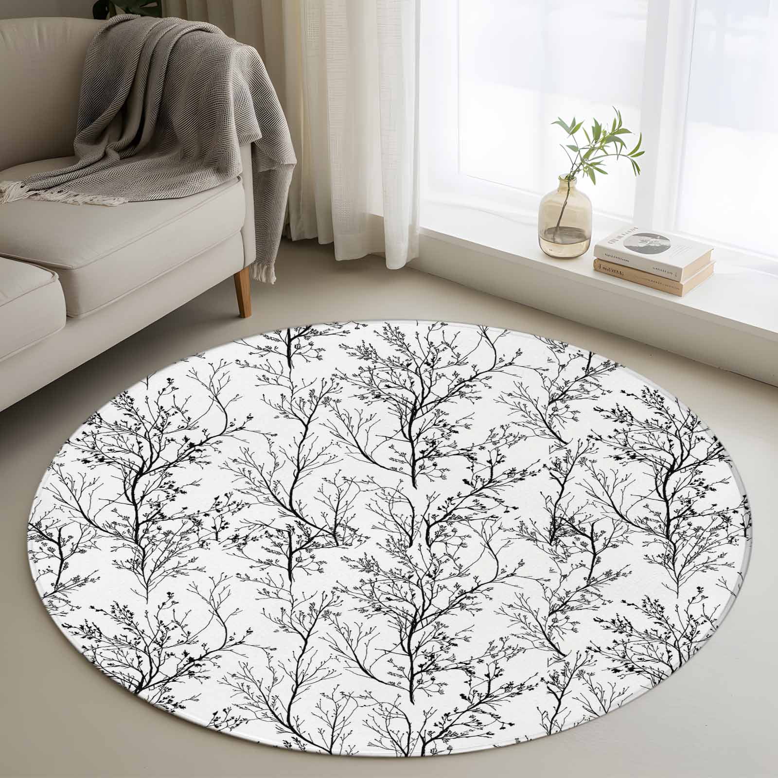 Area Rug 36in, Modern Tree Plant Black White Floor Carpet Living Room ...