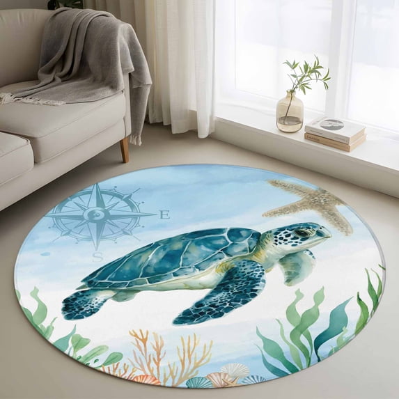 Area Rug 36in, Ocean Marine Life Turtle Nautical Compass Floor Carpet ...