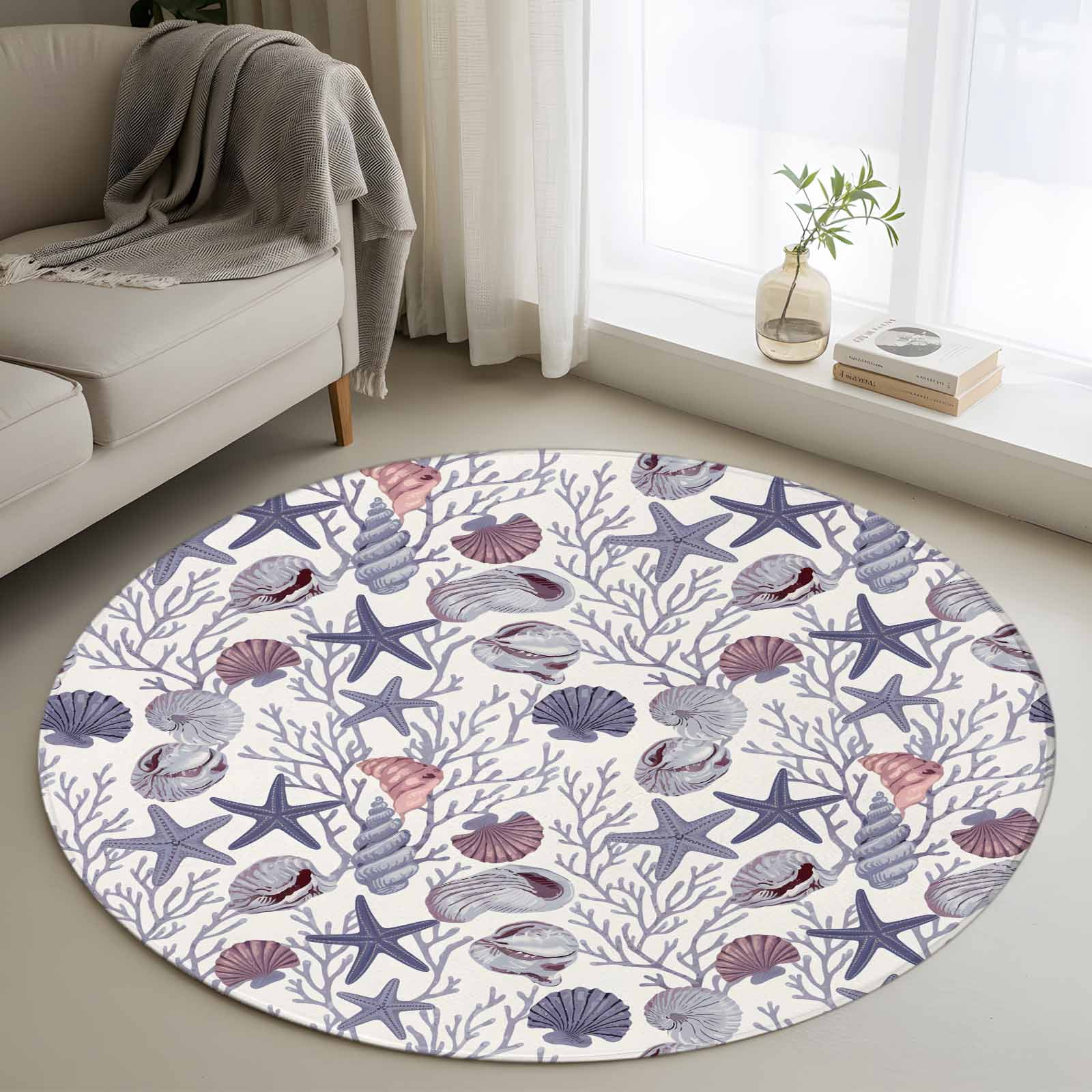 Area Rug 36in, Ocean Purple Starfish Coral Shell on Beige Floor Carpet ...
