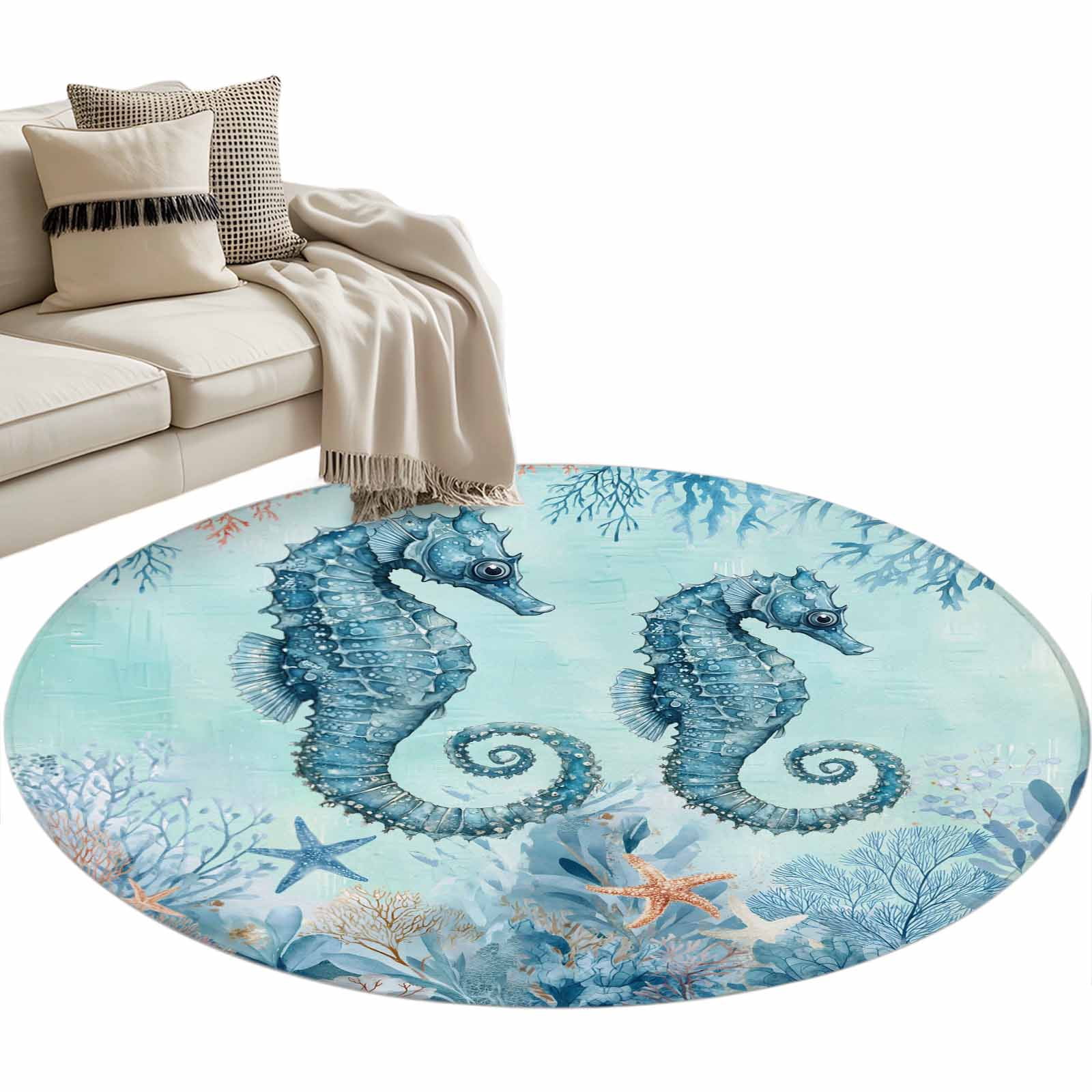 Area Rug 36in, Ocean Seahorse Coral Starfish Floor Carpet Living Room ...