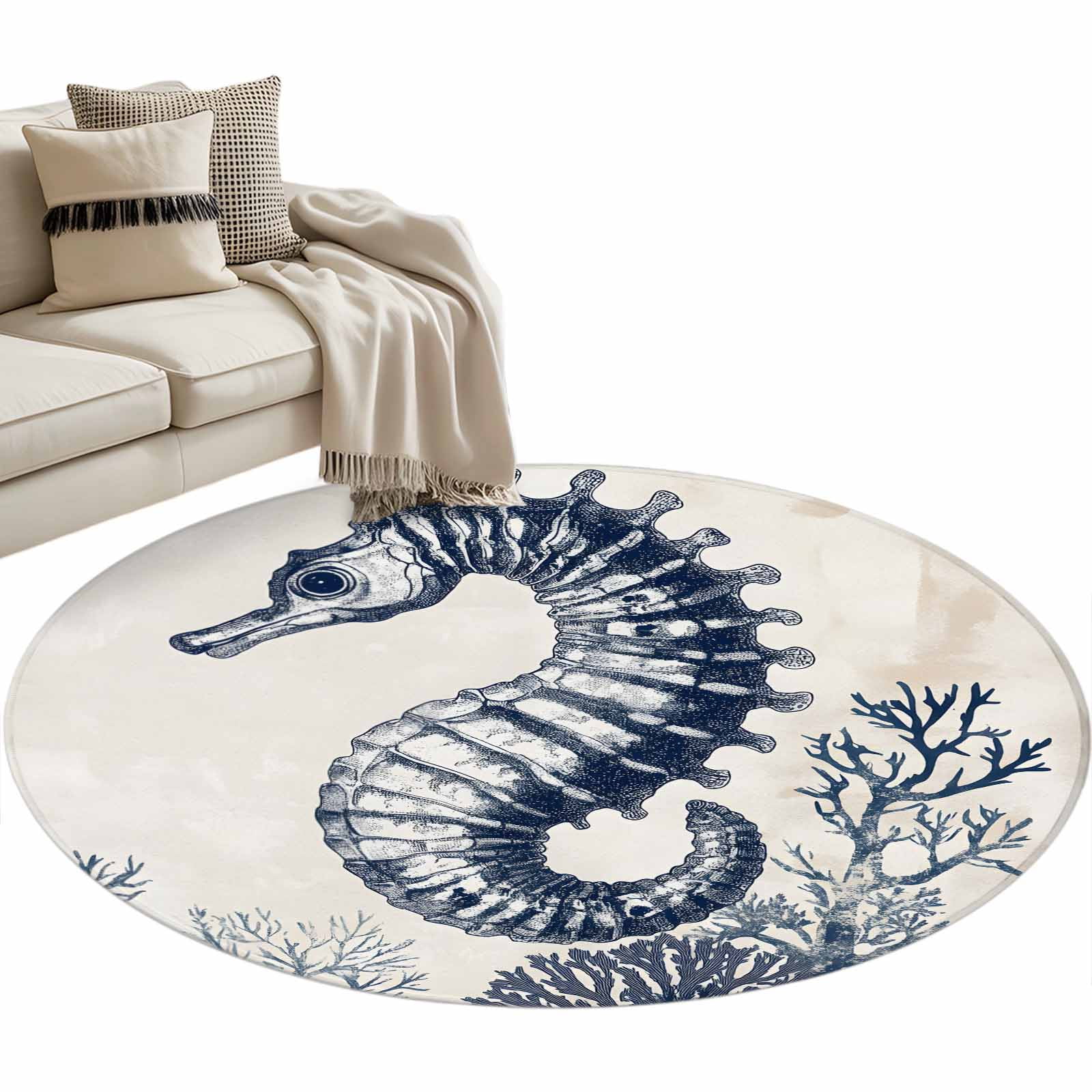 Area Rug 36in, Retro Blue Seahorse Coral Ocean Starfish Floor Carpet ...