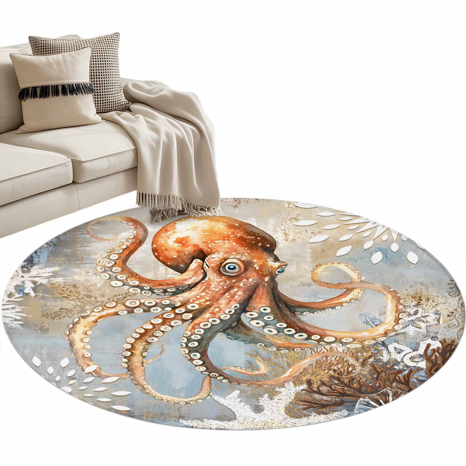 Area Rug 36in, Retro Brown Ocean Octopus Floor Carpet Living Room Rug ...
