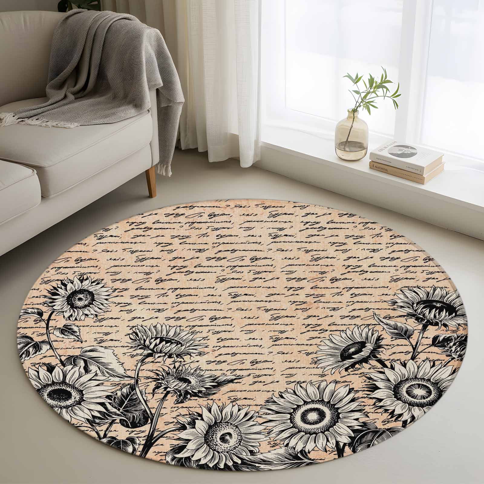 Area Rug 36in, Retro Farm Sunflowers on Letter Floor Carpet Living Room ...