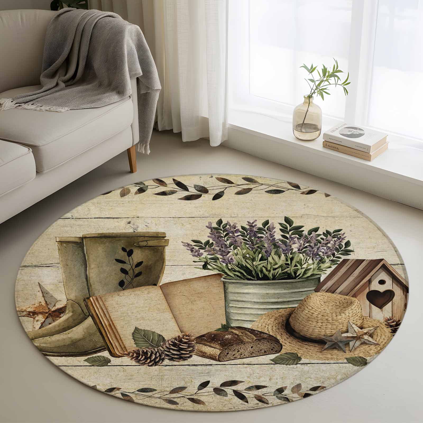 Area Rug 36in, Rustic Retro Book Boot Cap Floor Carpet Living Room Rug ...