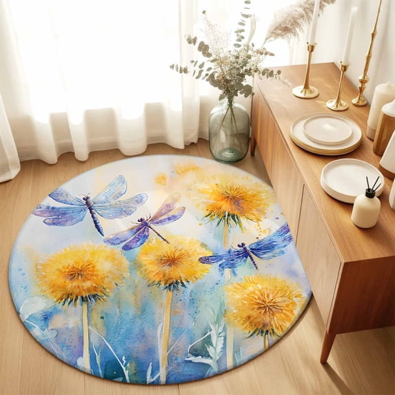 Area Rug 36in, Rustic Yellow Flower Purple Dragonfly Floor Carpet ...
