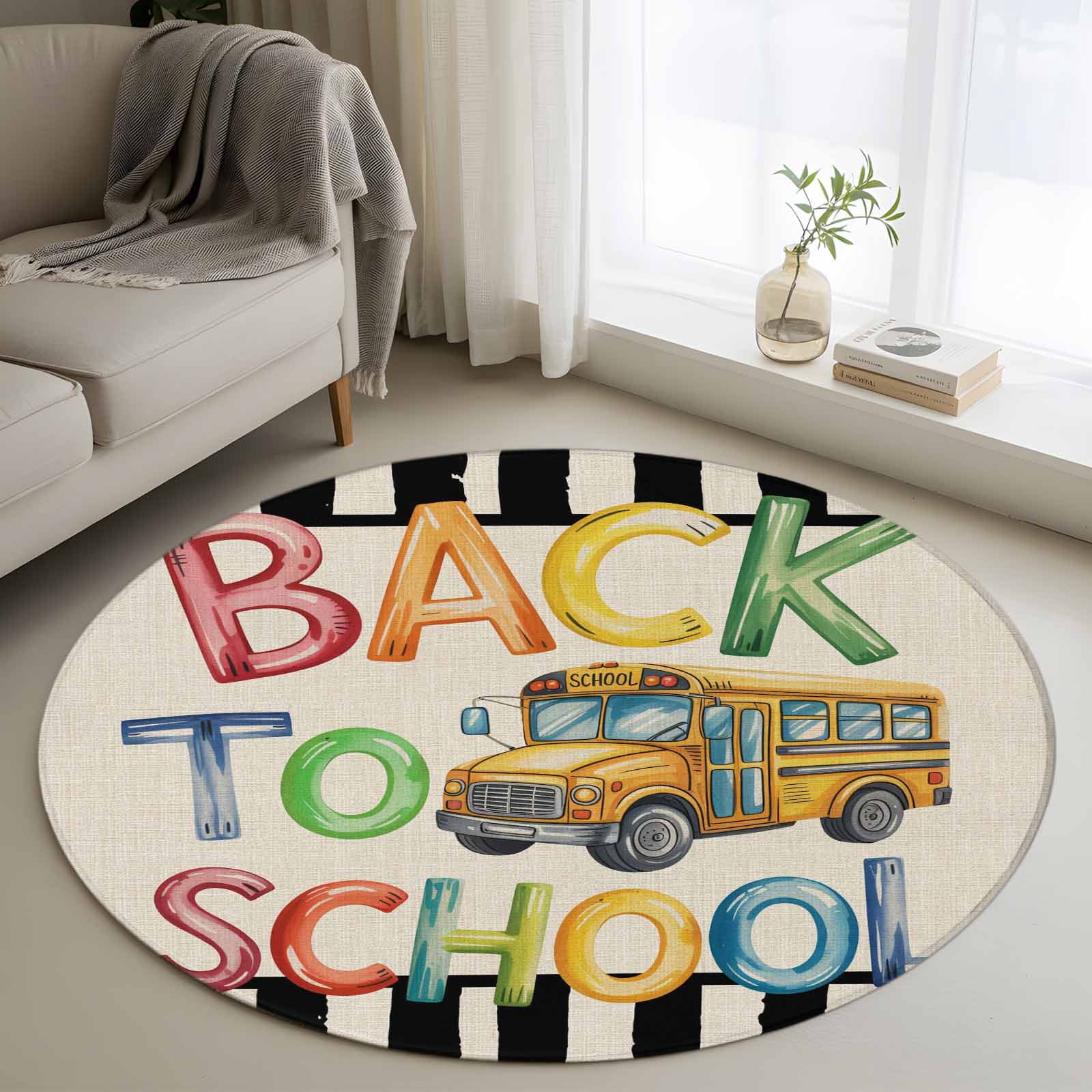 Area Rug 36in, School Bus Black Stripe Burlap Floor Carpet Living Room ...