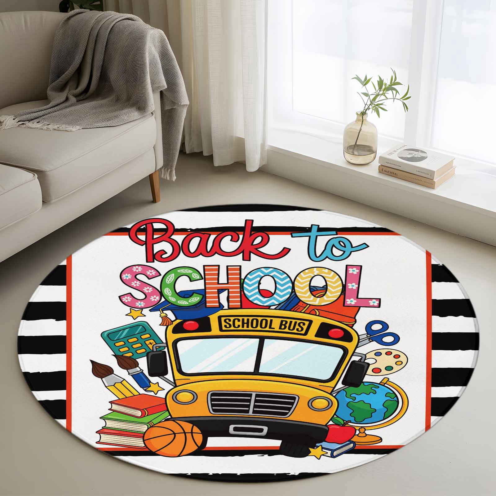 Area Rug 36in, School Season Bus Basketball Book Floor Carpet Living ...