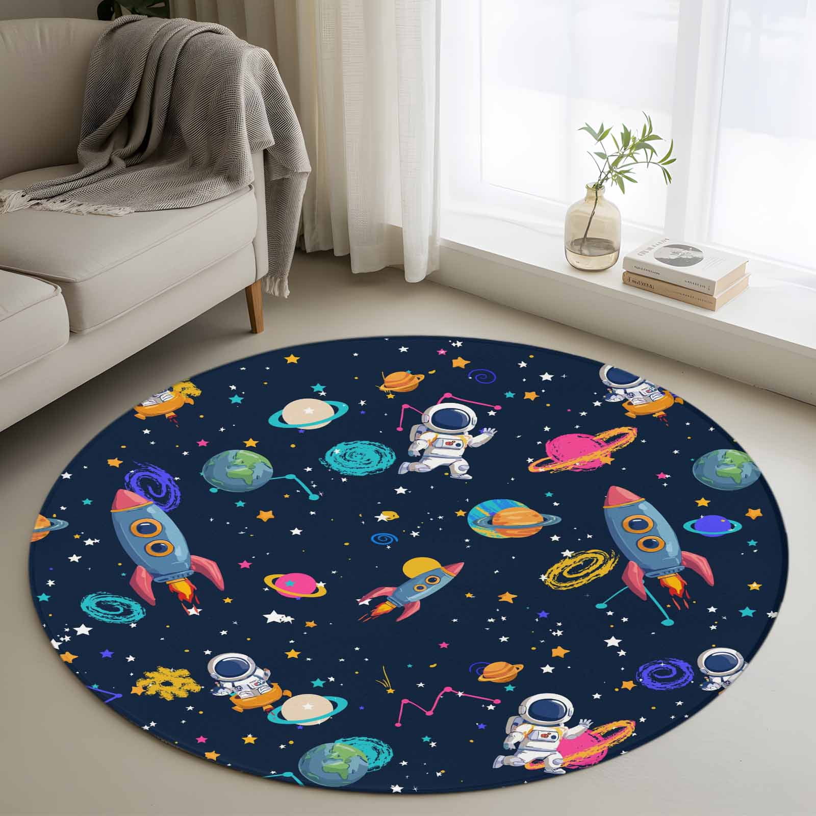 Area Rug 36in, Space Planet Cartoon Rocket Floor Carpet Living Room Rug ...