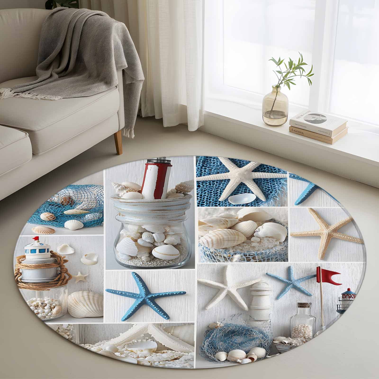 Area Rug 36in, Summer Ocean Starfish Shell Conch Lighthouse Floor ...