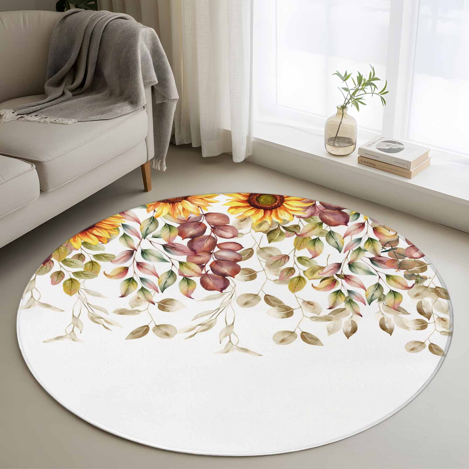 Area Rug 36in, Sunflower Fall Eucalyptus Leaves Seamless Floor Carpet ...