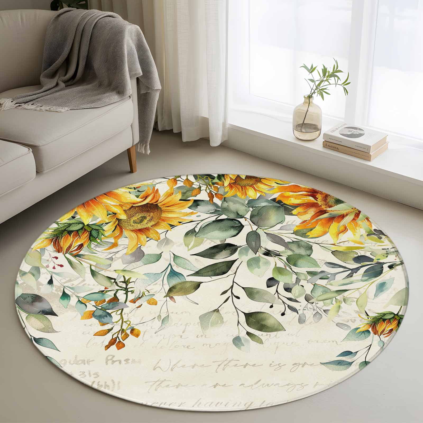 Area Rug 36in, Sunflower Green Eucalyptus Leaves Floor Carpet Living ...