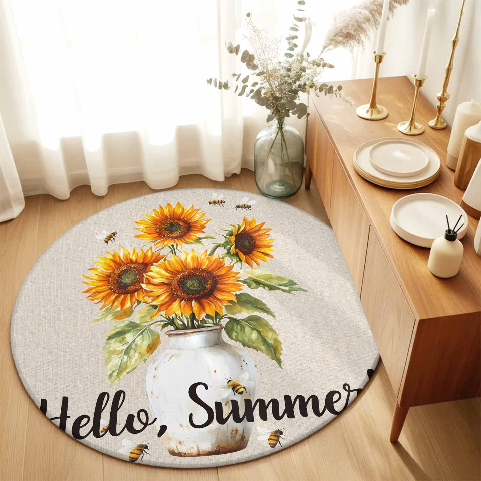 Area Rug 36in, Sunflower Summer Floral Bee Floor Carpet Living Room Rug ...