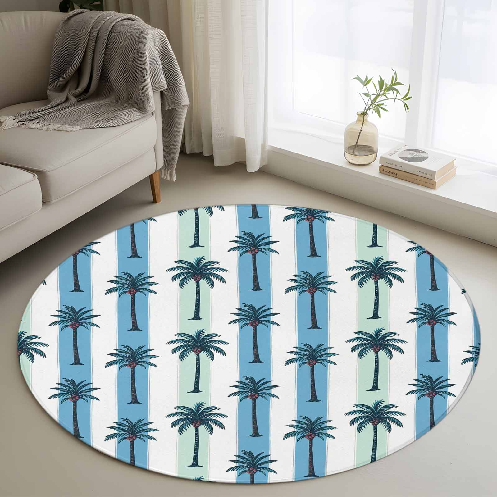 Area Rug 36in, Tropical Coconut Tree Blue Stripe Floor Carpet Living ...