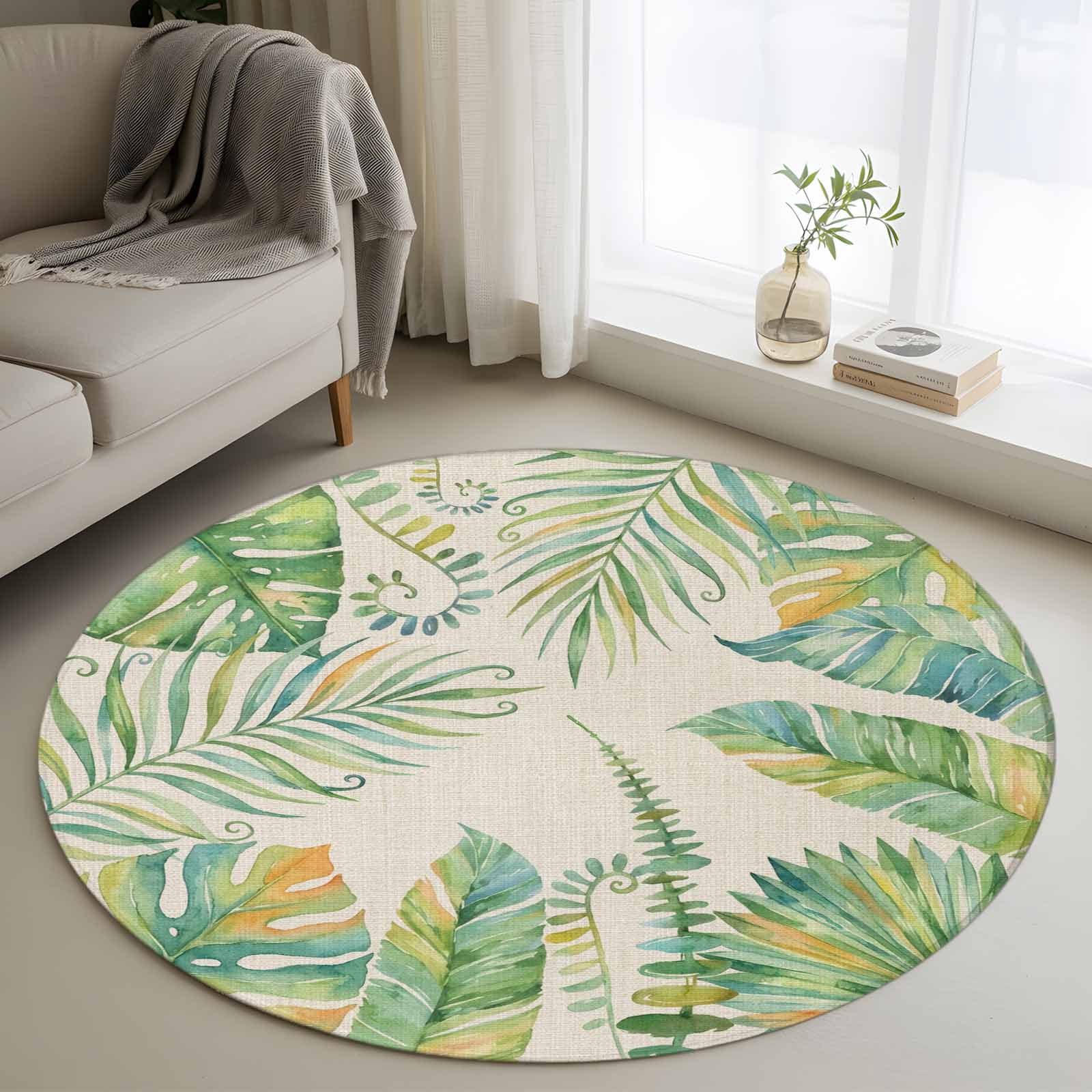 Area Rug 36in, Tropical Monstera Leaves on Linen Floor Carpet Living ...