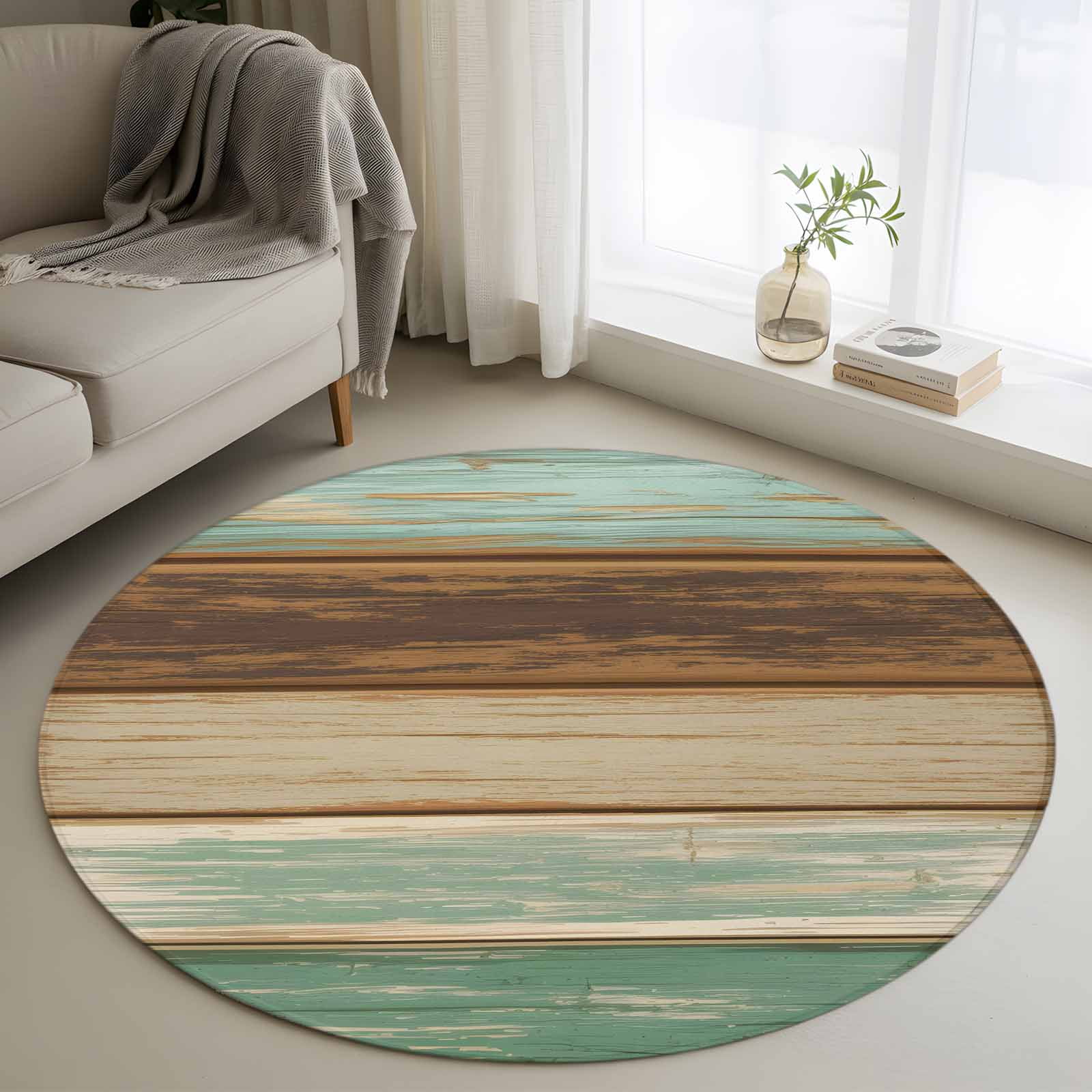 Area Rug 36in, Vintage Farm Green Brown Wood Board Floor Carpet Living ...