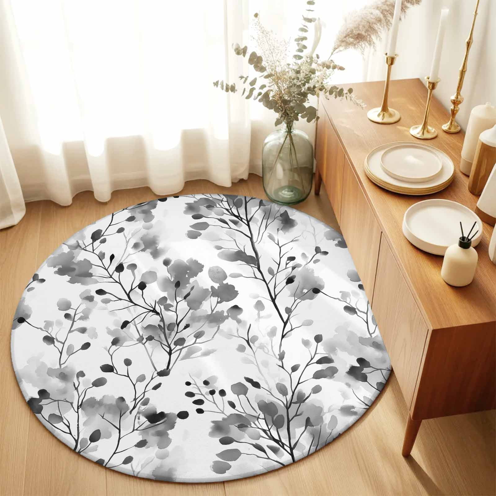 Area Rug 36in, Watercolor Abstract Gray Leaves Floor Carpet Living Room ...