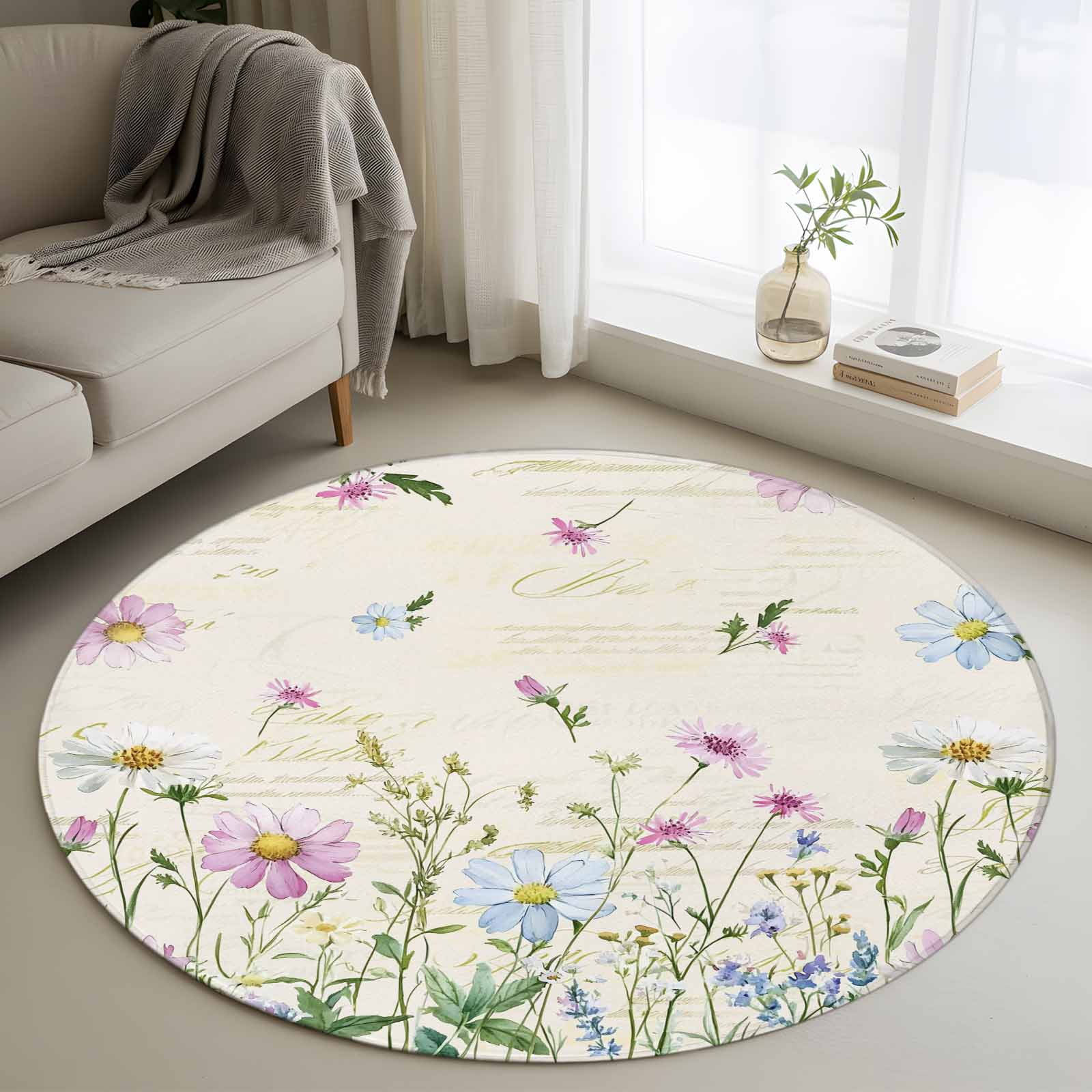 Area Rug 36in, Watercolor Flowers on Letter Floor Carpet Living Room ...