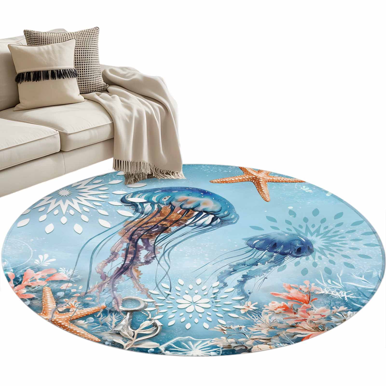 Area Rug 36in, Watercolor Ocean Jellyfish Starfish Floor Carpet Living ...