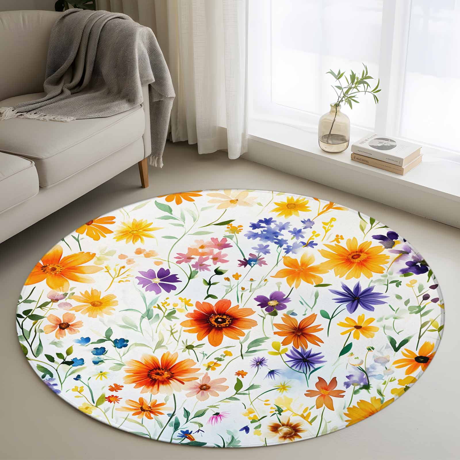 Area Rug 36in, Watercolor Pastoral Wildflower Leaves Floor Carpet ...