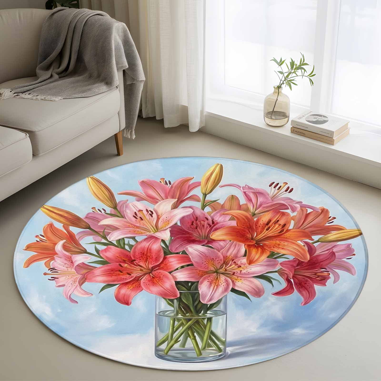 Area Rug 36in, Watercolor Pink Lily Floral Floor Carpet Living Room Rug ...