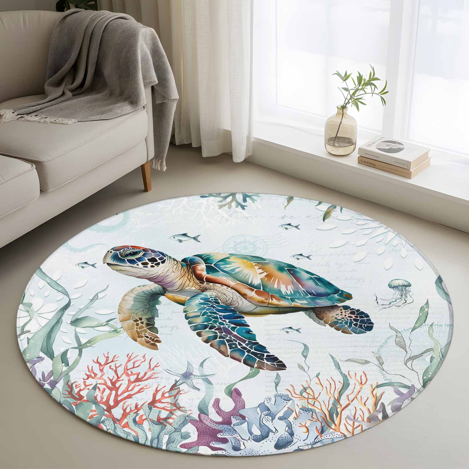 Area Rug 36in, Watercolor Sea Turtle Coral Seaweed Floor Carpet Living ...