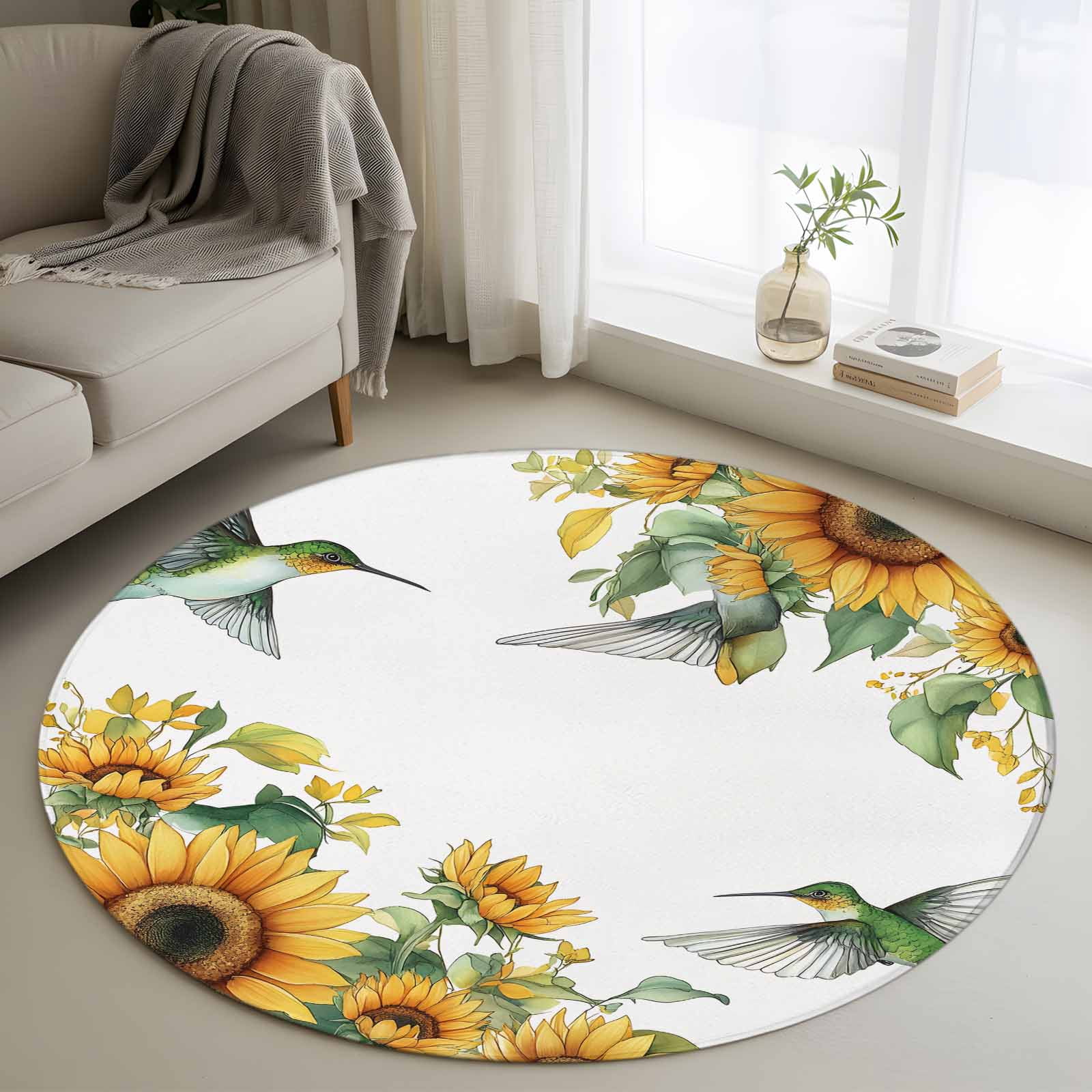 Area Rug 36in, Watercolor Sunflower Hummingbird Floor Carpet Living ...