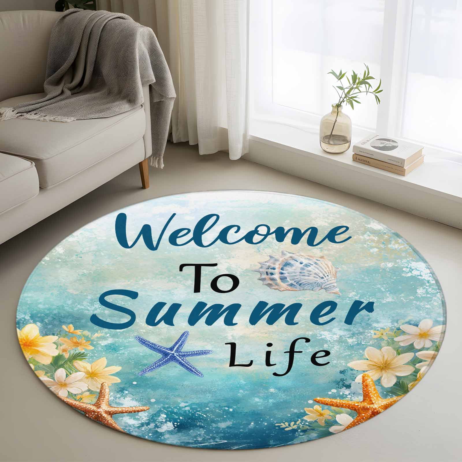 Area Rug 36in, Welcome to Summer Flowers Starfish Floor Carpet Living ...