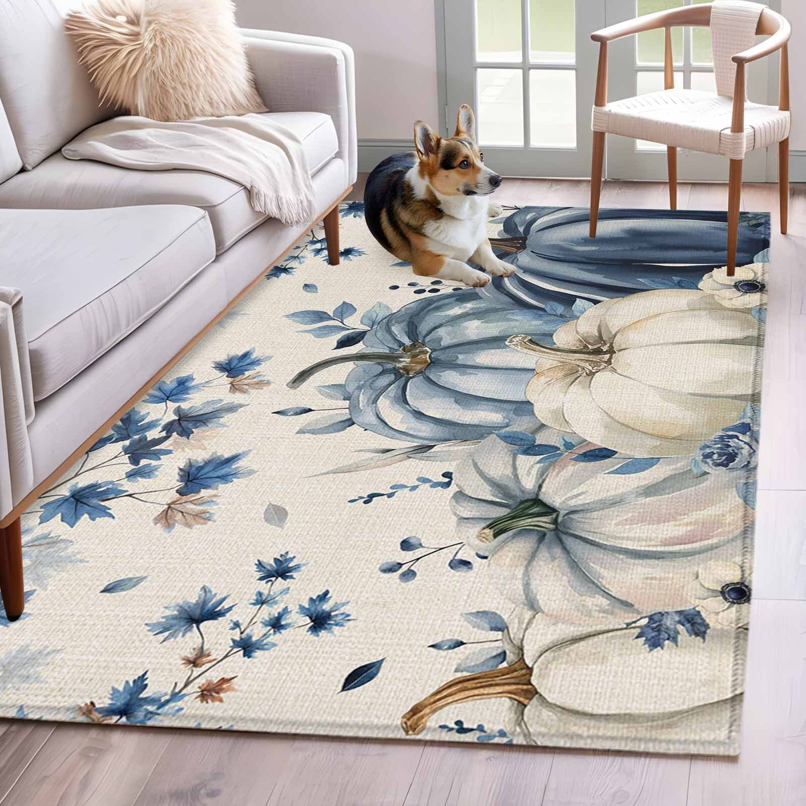 Area Rug 3x5 Ft, Blue Fall Pumpkins Non Slip Area Rugs for Bedroom ...