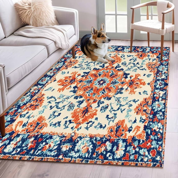 Area Rug 3x5ft Abstract Flower Leaf Ethnic Style Area Rugs Washable Low ...