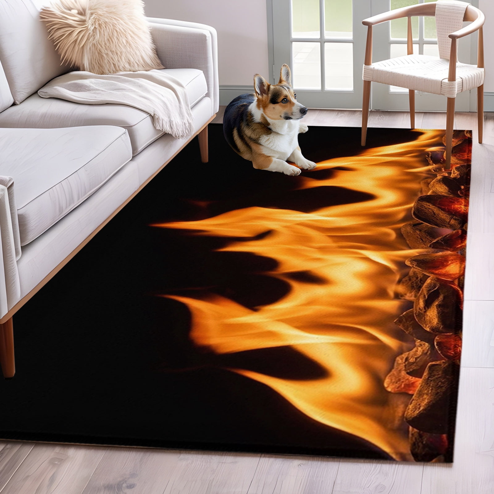 Area Rug 3x5ft Abstract Orange Flame on Black Area Rugs Washable Low ...