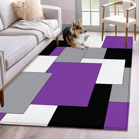 Area Rug 3x5ft Abstract Splicing Purple White Grey Square Blocks Area ...