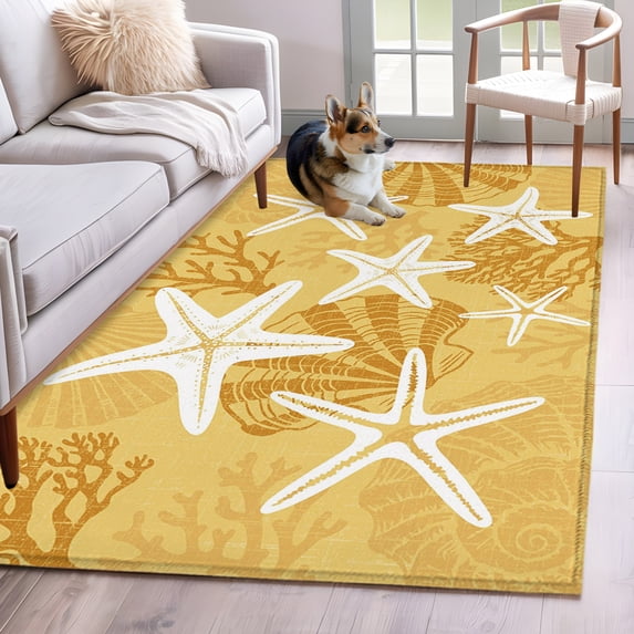 Area Rug 3x5ft Abstract Starfish Shell on Yellow Area Rugs Washable Low ...