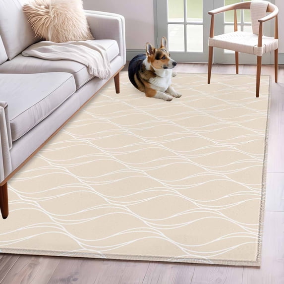 Area Rug 3x5ft Abstract Wave Stripes Beige Area Rugs Washable Low Pile ...