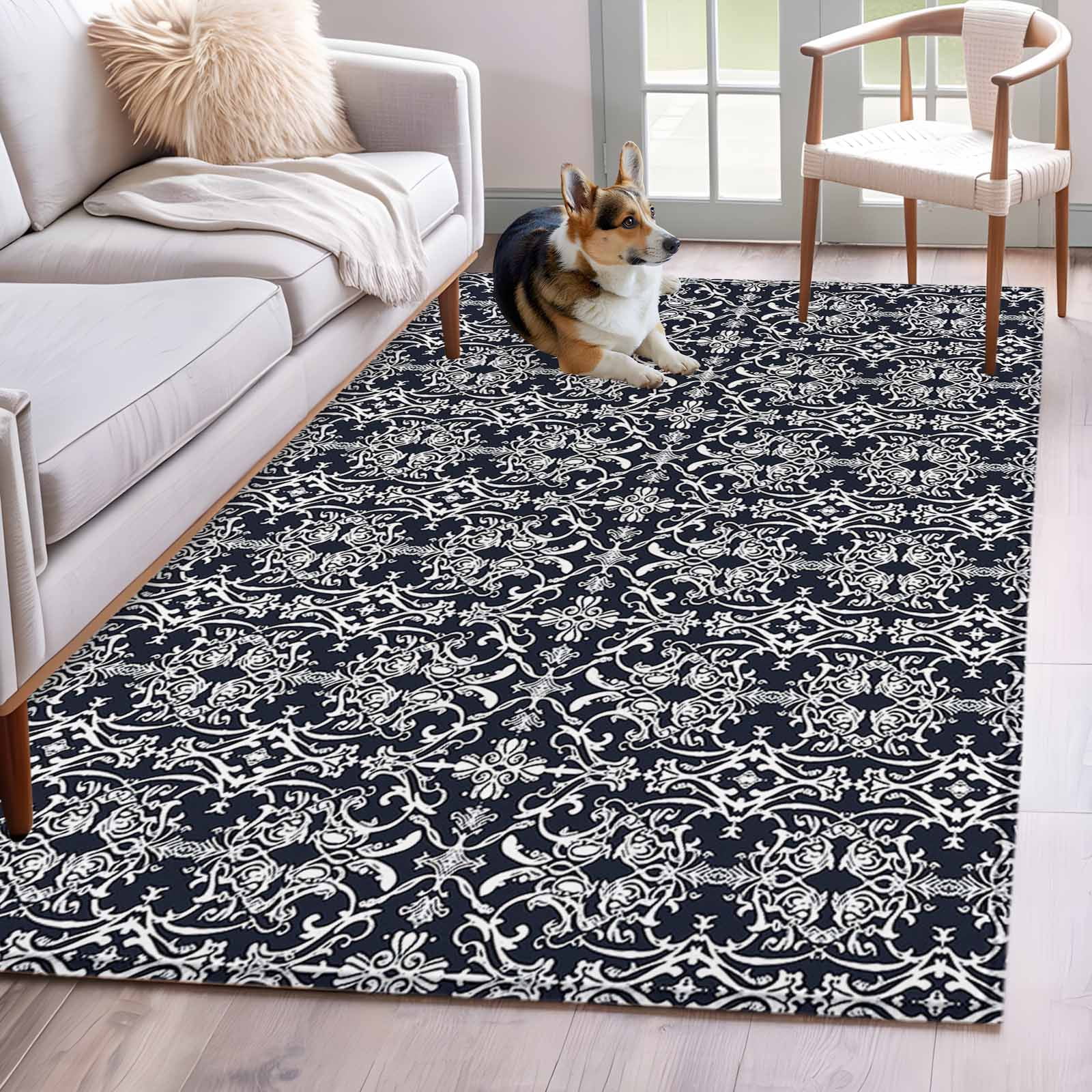 Area Rug 3x5ft Abstract White Floral on Dark Blue Area Rugs Washable ...