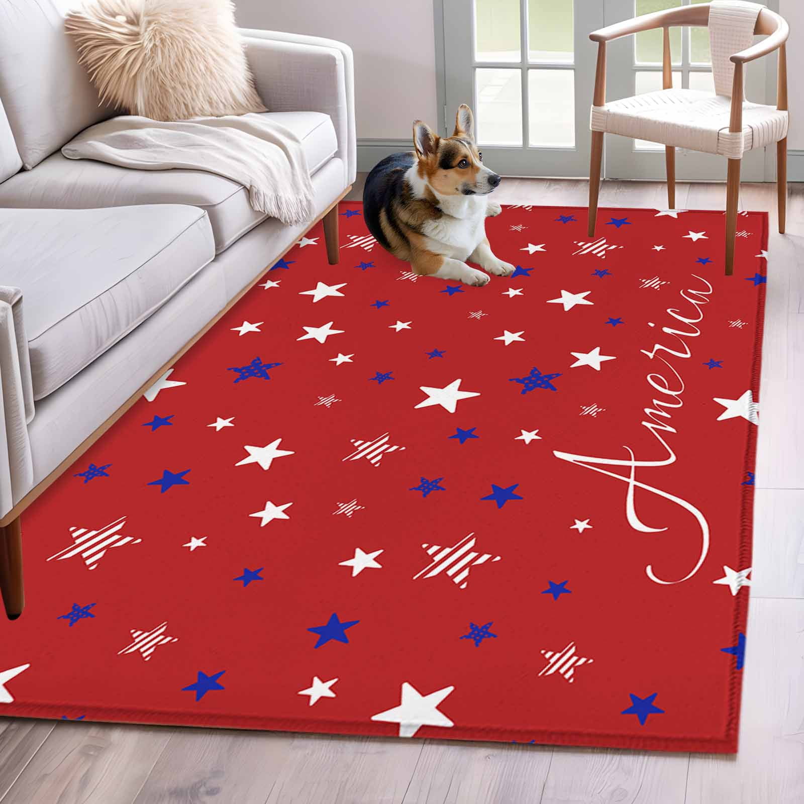 Area Rug 3x5ft American Stars on Red Area Rugs Washable Low Pile Floor ...