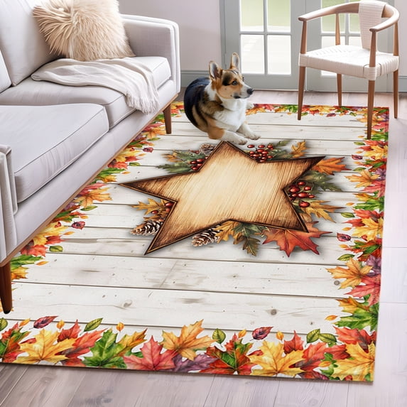 Area Rug 3x5ft, Autumn Maple Leaf on Wood Grain Washable Rugs for ...