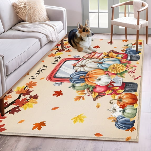 Area Rug 3x5ft, Autumn Maple Leaves Thanksgiving Pumpkin Truck Washable ...