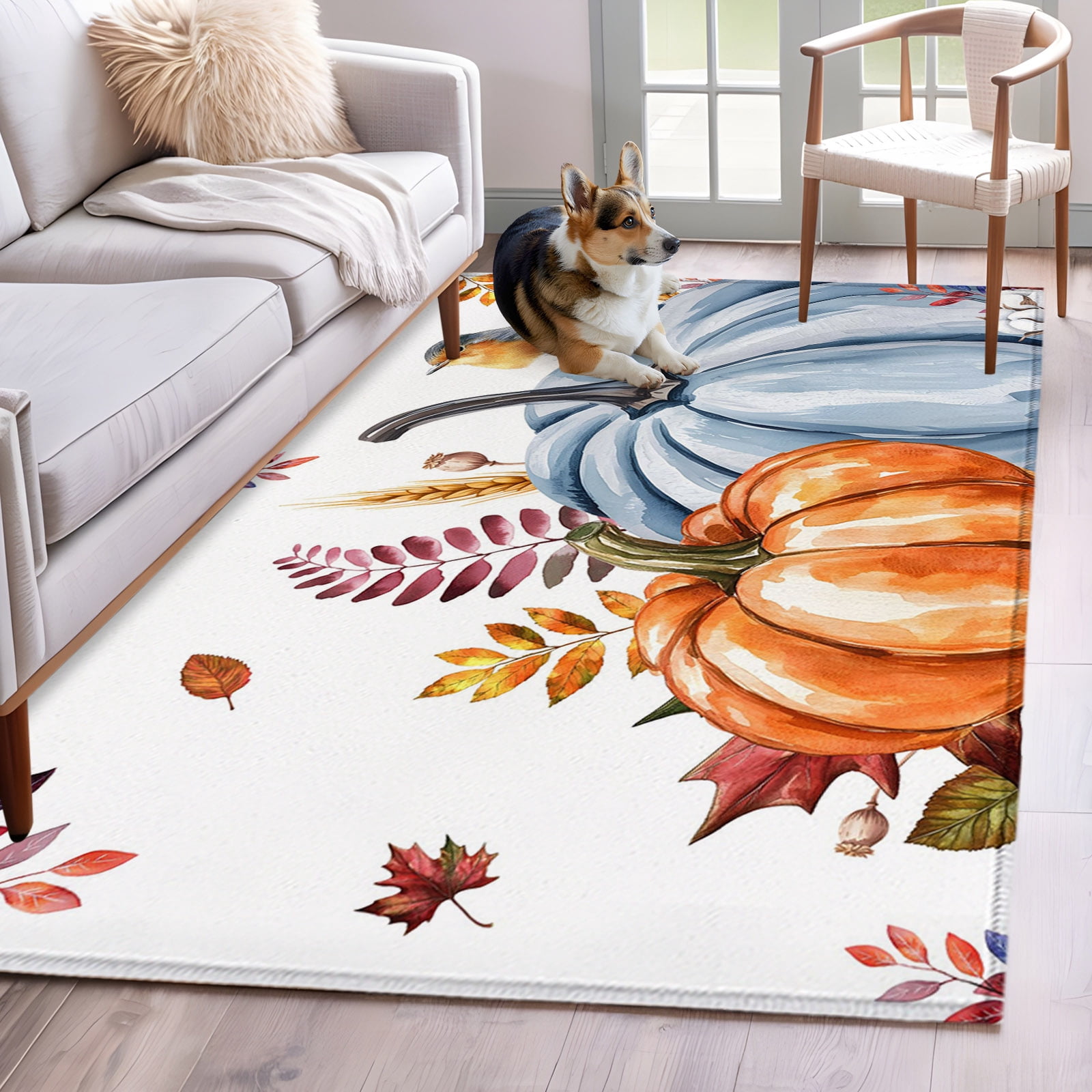 Area Rug 3x5ft, Autumn Pumpkin Leaf Bird Washable Rugs for Living Room ...